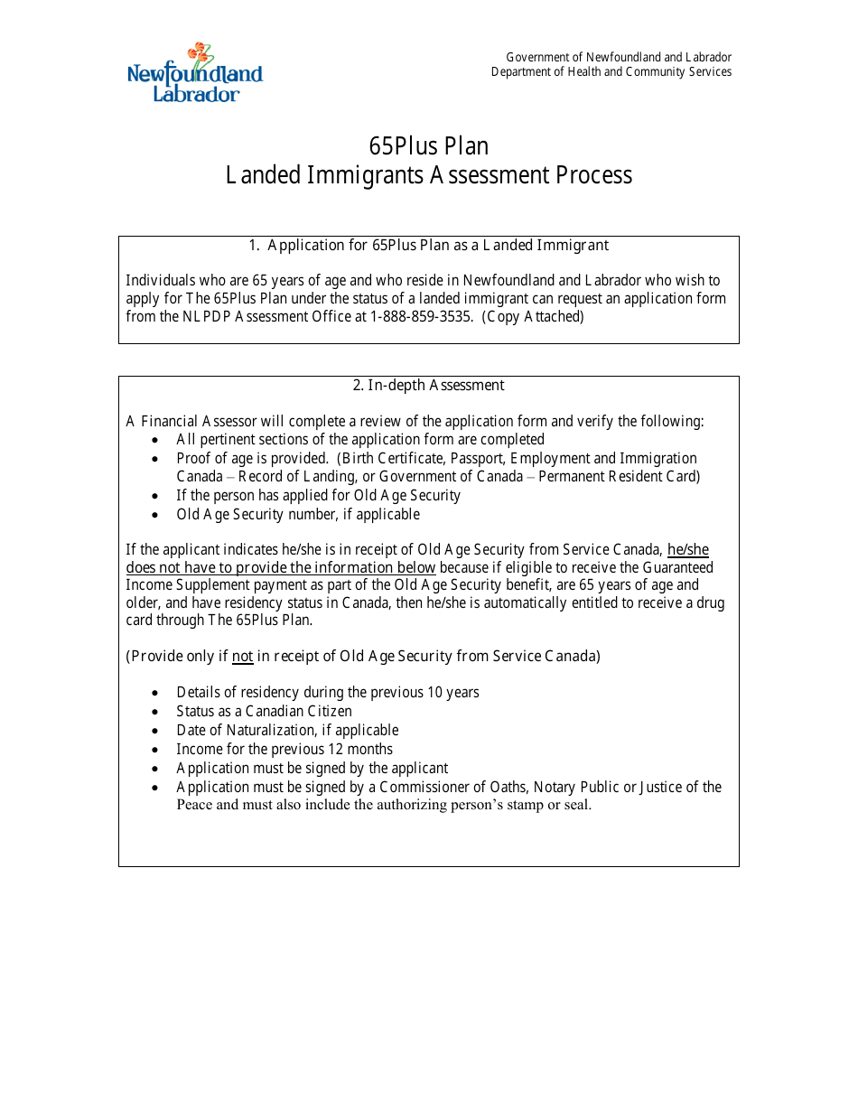 Newfoundland and Labrador Canada Application for 65plus Plan as a ...