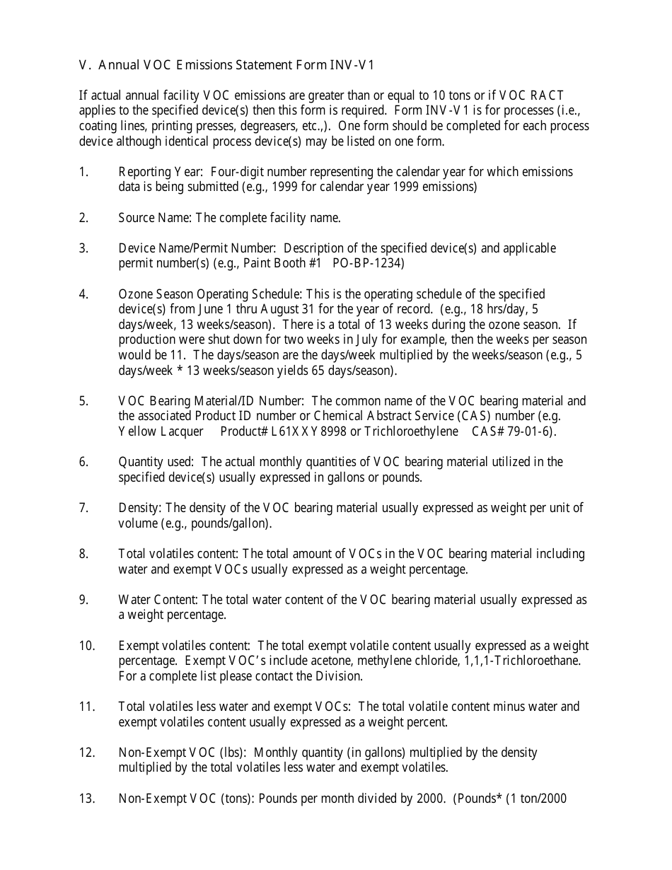 Download Instructions for Form INV-V1 Annual VOC Emissions Statement ...