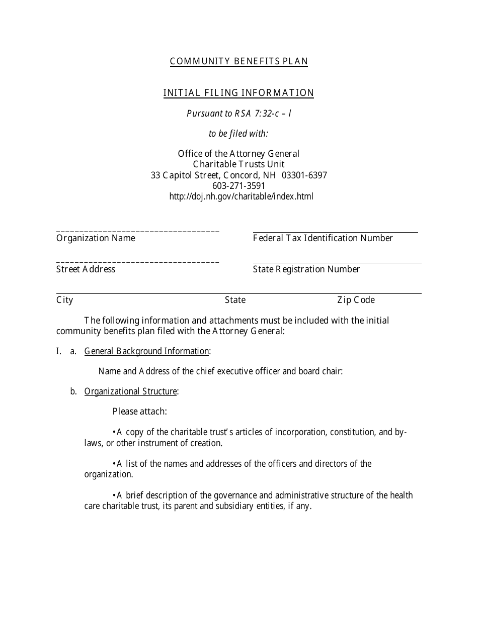 New Hampshire Community Benefits Plan Initial Filing Information - Fill ...