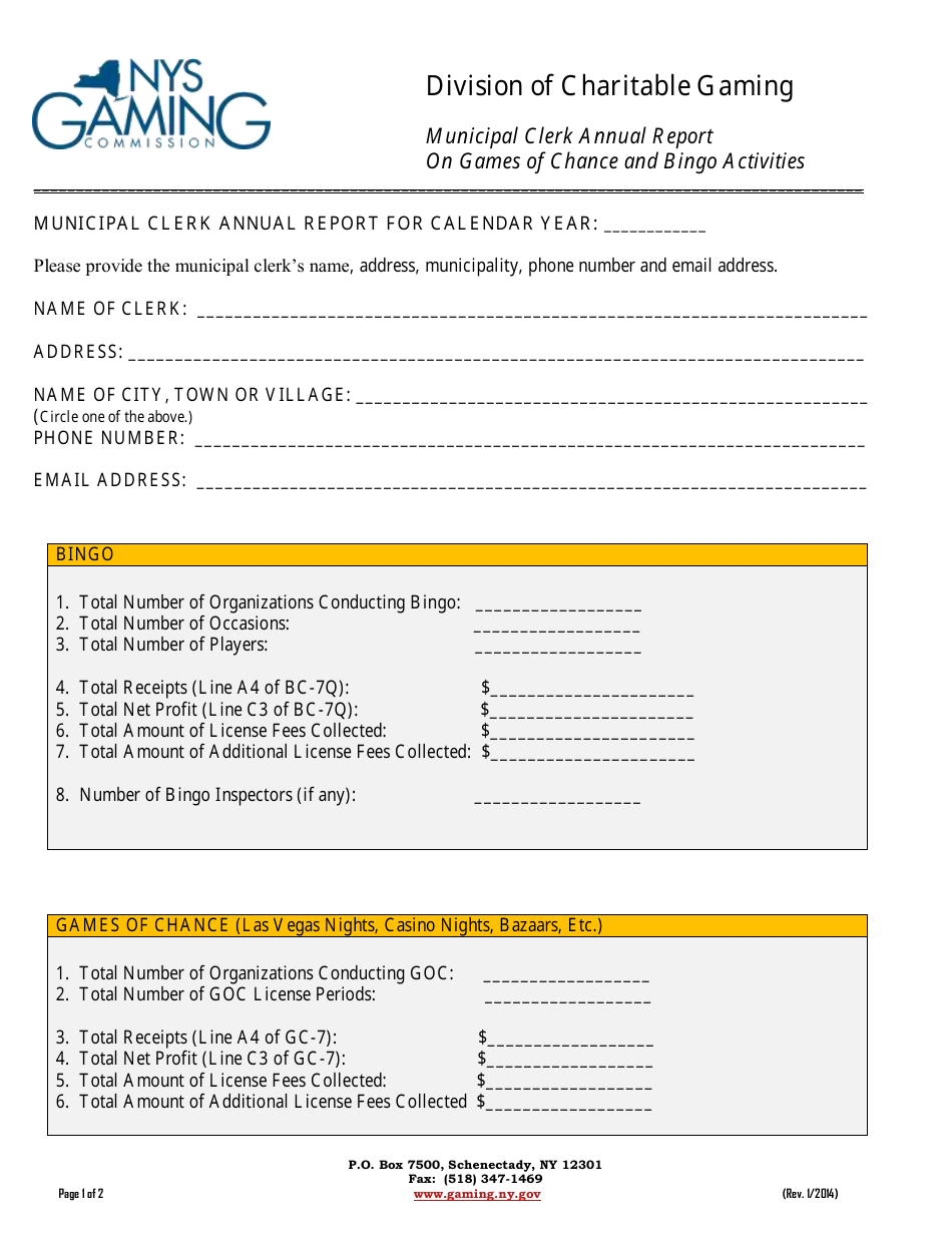 New York Municipal Clerk Annual Report on Games of Chance and Bingo ...
