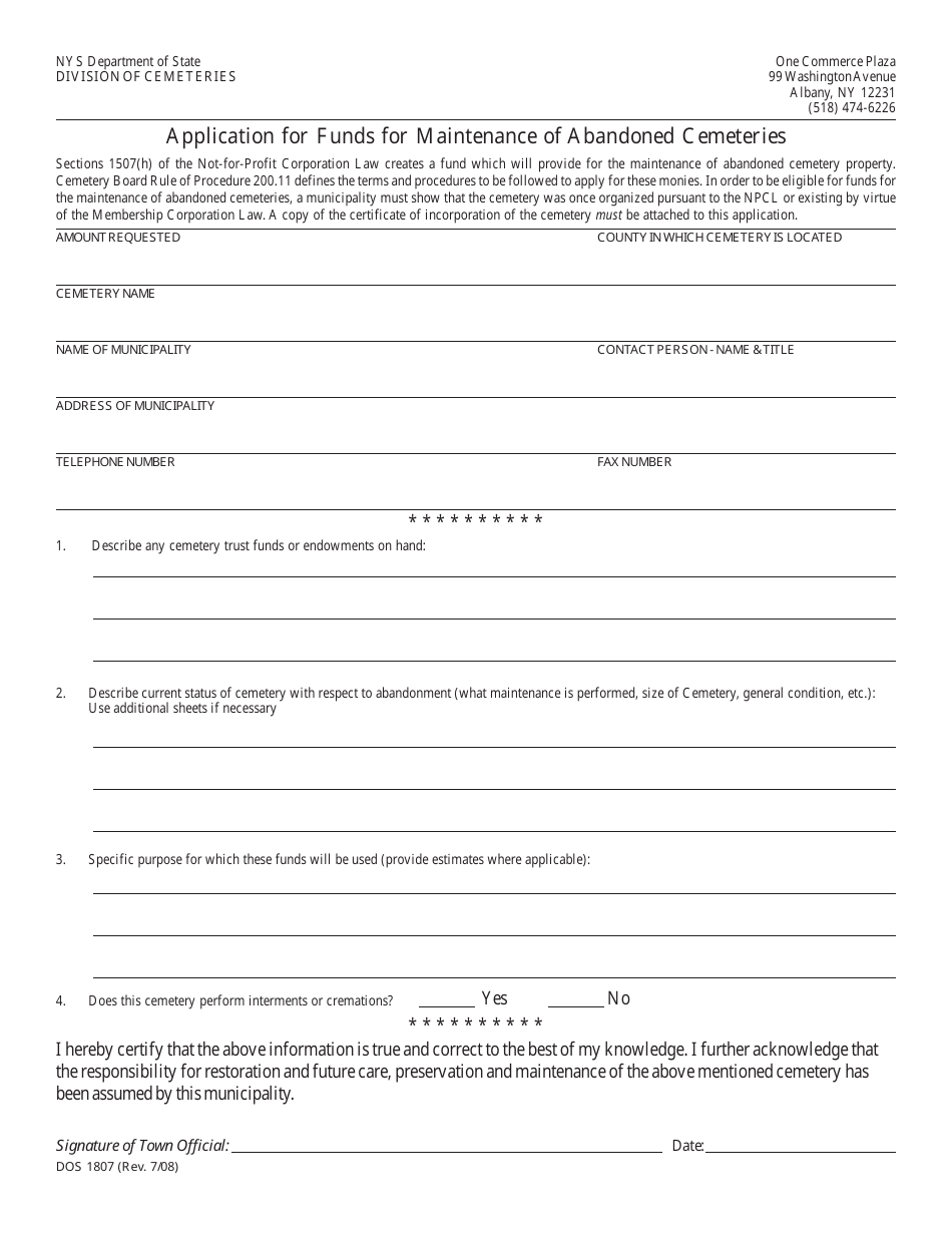 Form DOS-1807 Download Printable PDF or Fill Online Application for ...