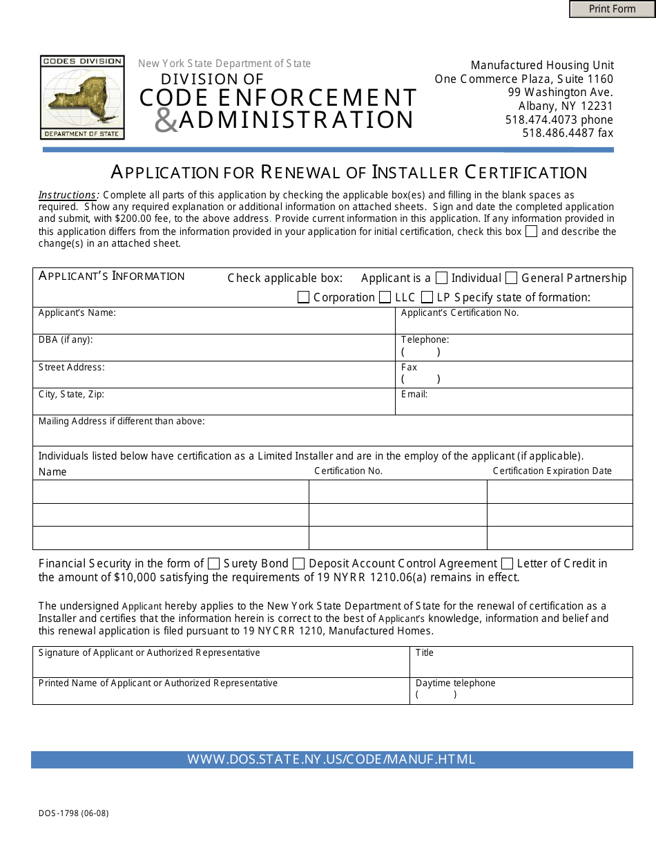 Form DOS-1798 - Fill Out, Sign Online and Download Fillable PDF, New ...