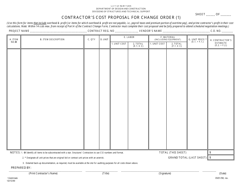 New York City Contractor's Cost Proposal for Change Order Including ...
