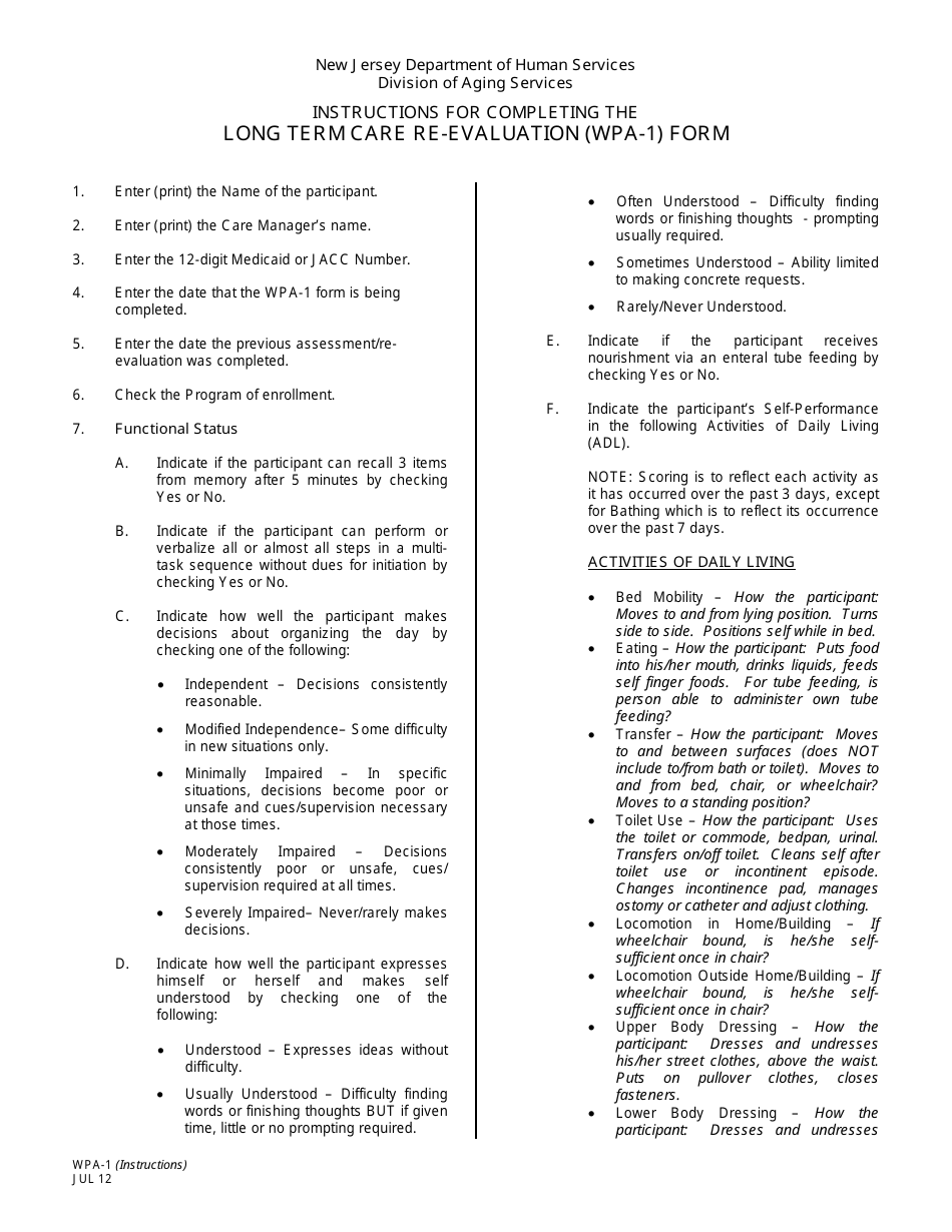 Download Instructions for Form WPA-1 Long Term Care Re-evaluation Form ...