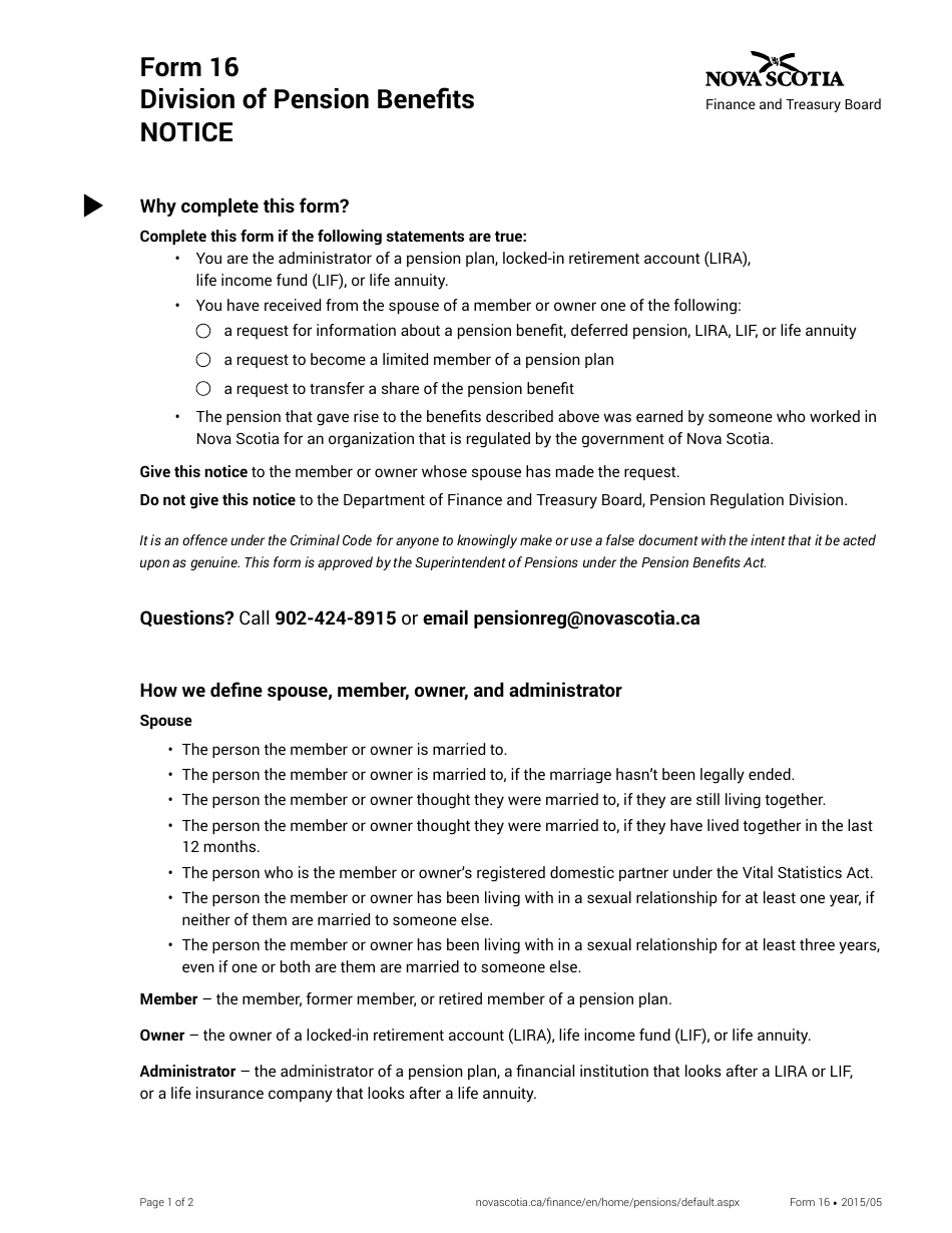 Form 16 - Fill Out, Sign Online and Download Fillable PDF, Nova Scotia ...