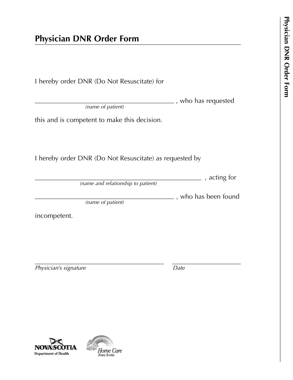Nova Scotia Canada Physician DNR Order Form - Fill Out, Sign Online and ...