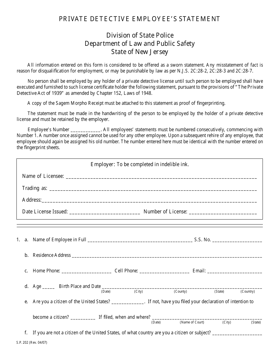 Form S.P.202 - Fill Out, Sign Online and Download Fillable PDF, New ...