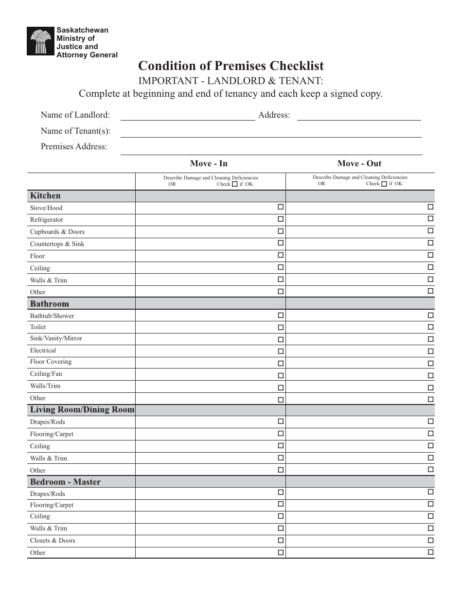 Saskatchewan Canada Condition of Premises Checklist - Fill Out, Sign ...