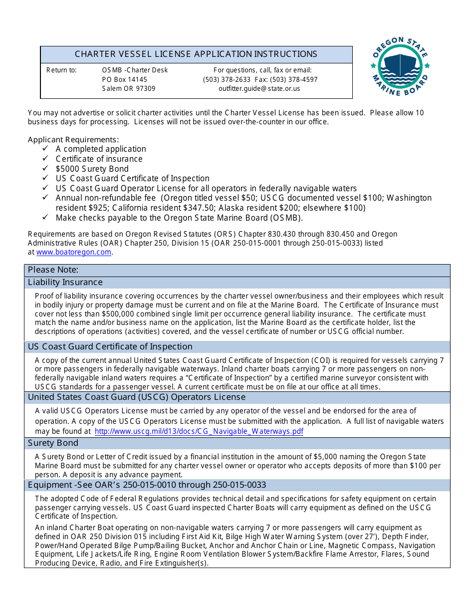 Oregon Charter Vessel License Application Download Fillable PDF ...