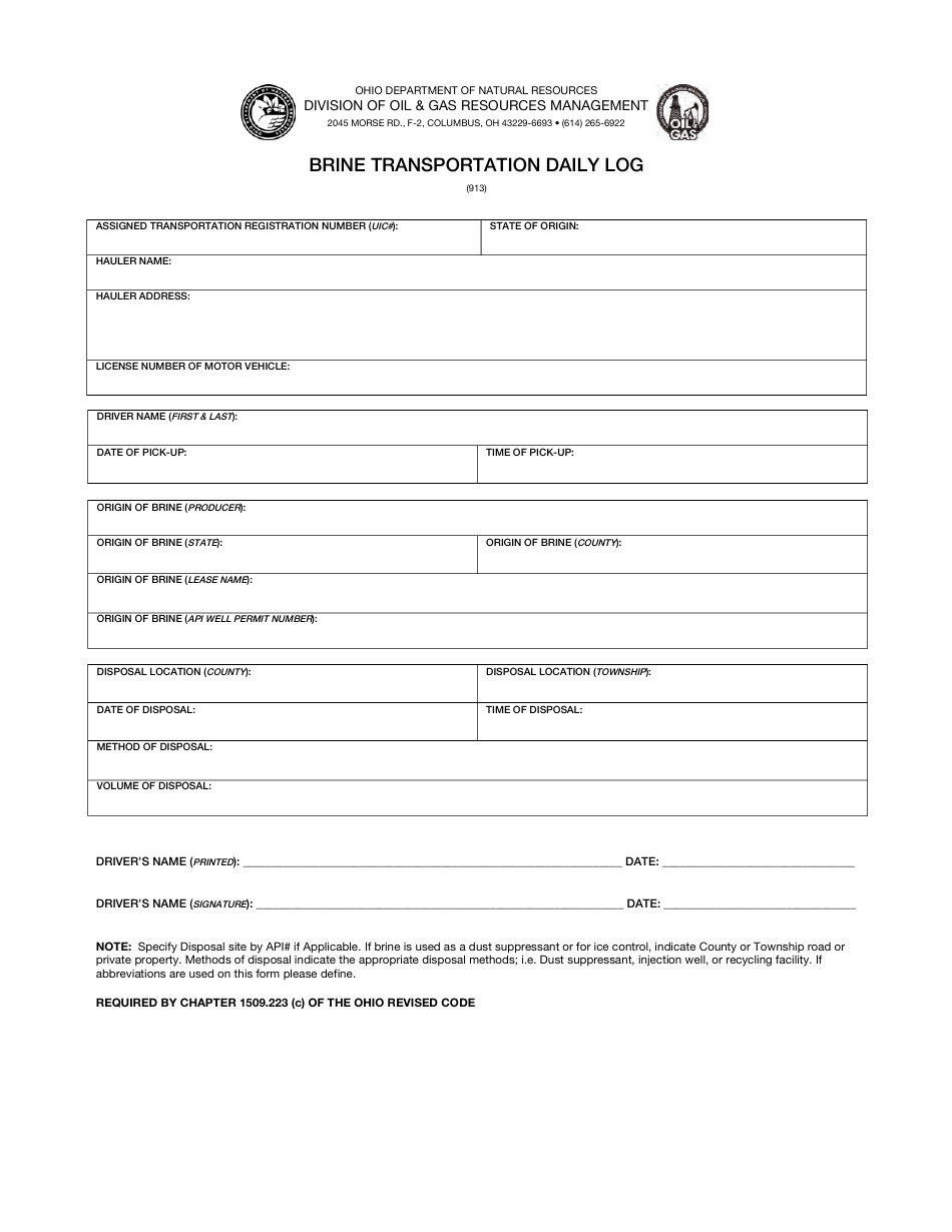 Ohio Brine Transportation Daily Log - Fill Out, Sign Online and ...