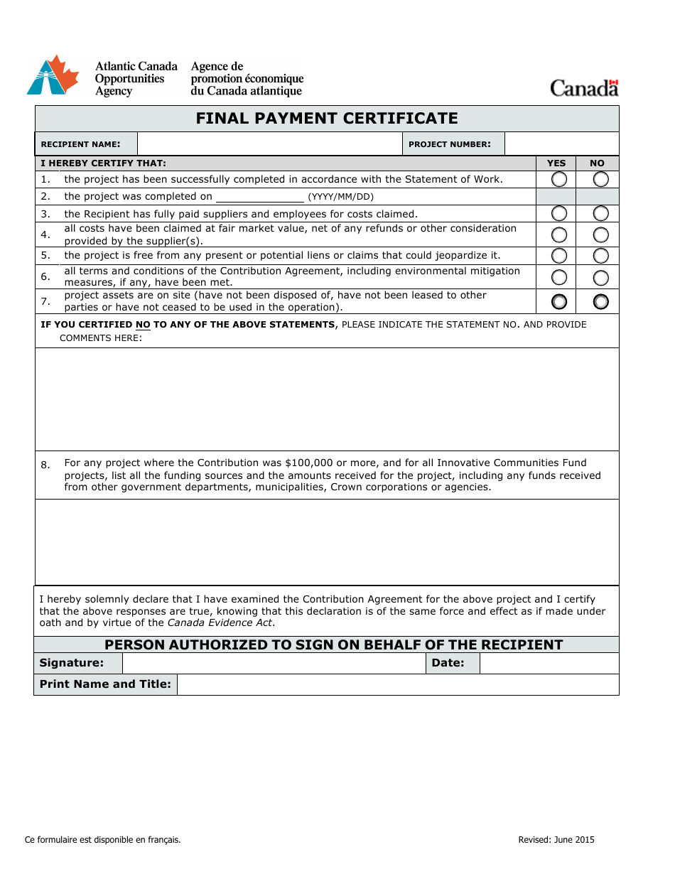 Canada Final Payment Certificate - Fill Out, Sign Online and Download ...