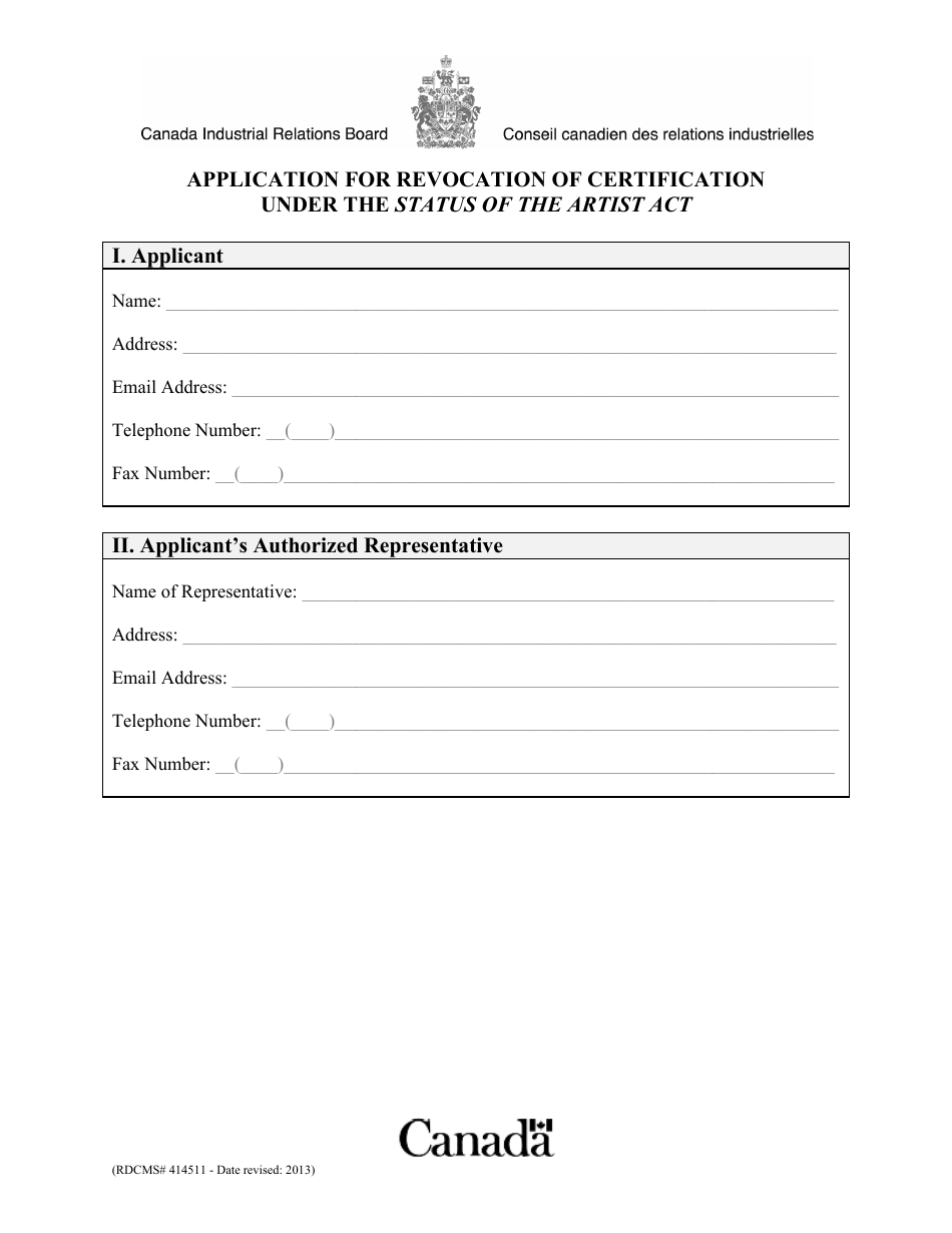 Canada Application for Revocation of Certification Under the Status of the Artist Act - Fill Out ...