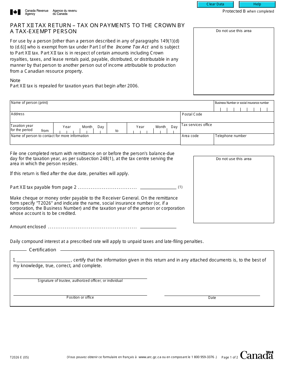 Form T2026 Part XII - Fill Out, Sign Online and Download Fillable PDF ...