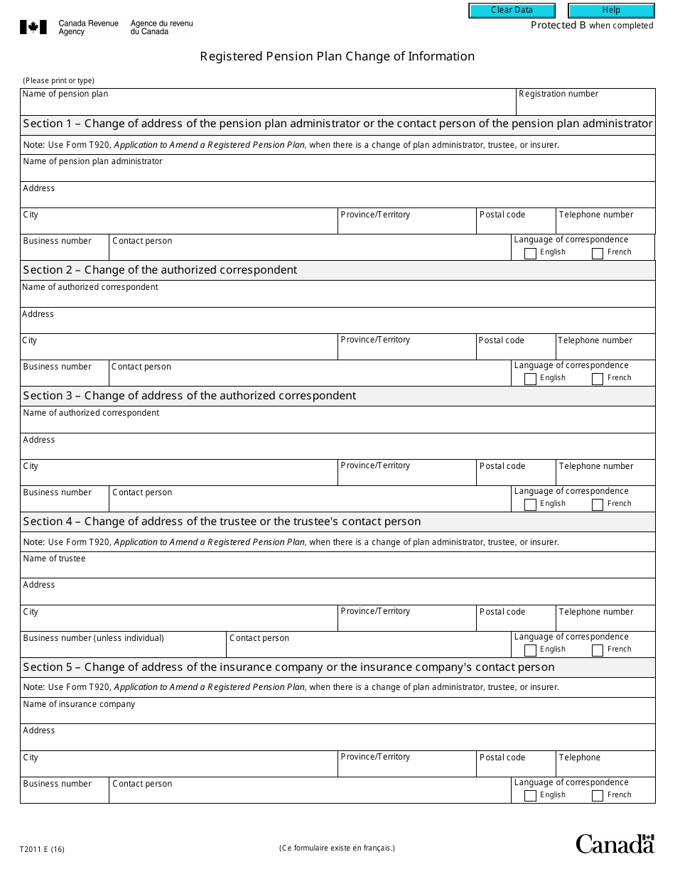 Form T2011 Download Fillable PDF or Fill Online Registered Pension Plan ...