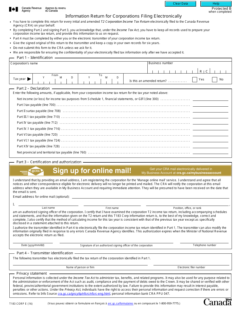 Form T183 CORP - Fill Out, Sign Online and Download Fillable PDF ...