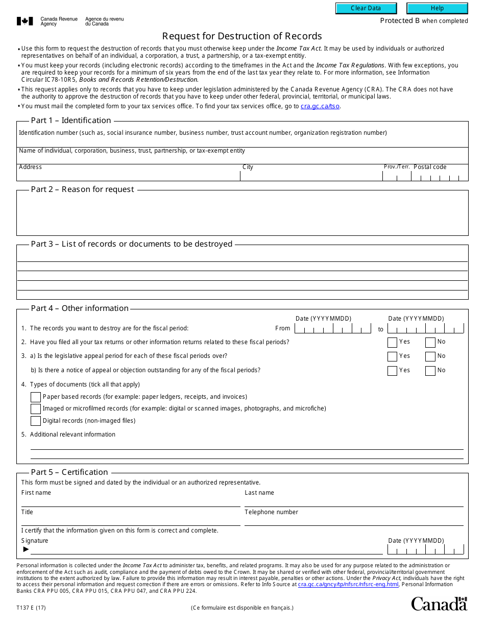 Form T137 - Fill Out, Sign Online and Download Fillable PDF, Canada ...