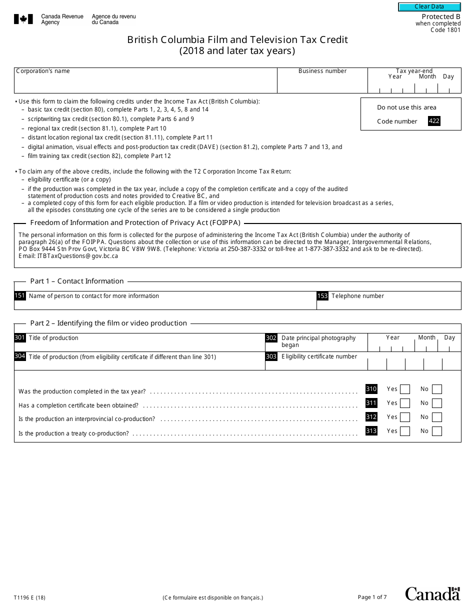 Form T1196 - 2018 - Fill Out, Sign Online and Download Fillable PDF ...