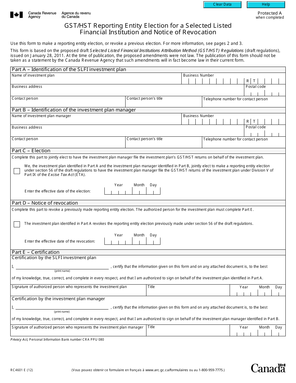 Form RC4601 - Fill Out, Sign Online and Download Fillable PDF, Canada ...