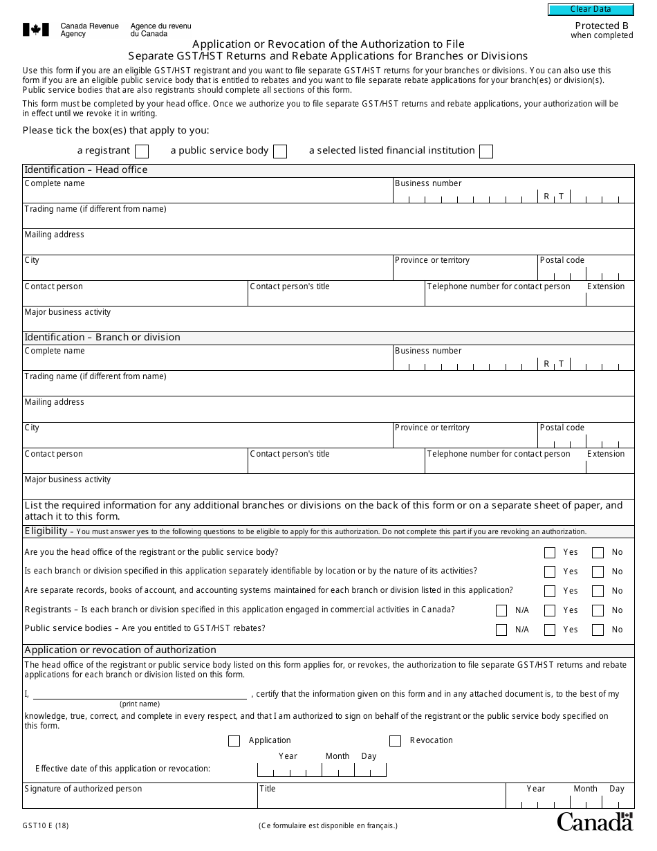 Form GST10 - Fill Out, Sign Online and Download Fillable PDF, Canada ...