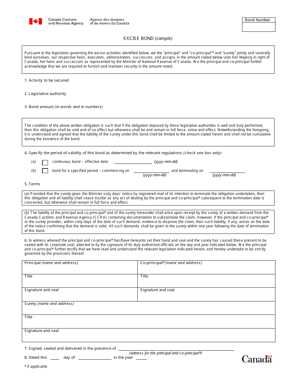 Canada Excise Bond - Fill Out, Sign Online and Download PDF ...