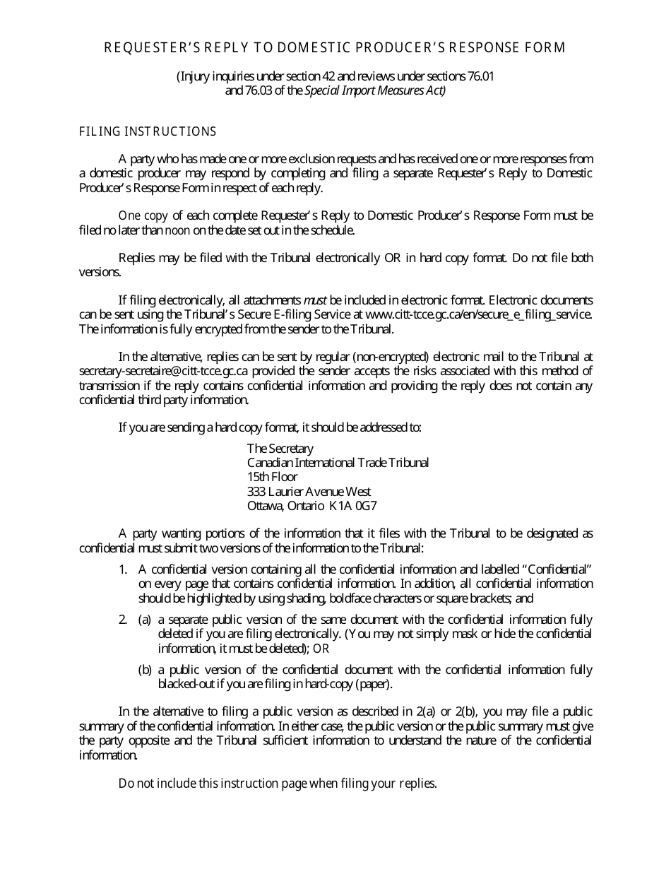 Canada Requester's Reply to Domestic Producer's Response Form - Fill ...