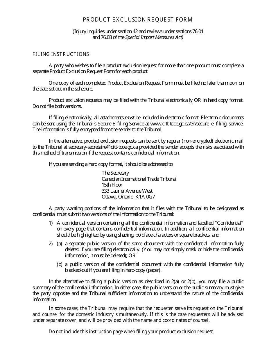 Canada Product Exclusion Request Form - Fill Out, Sign Online and ...