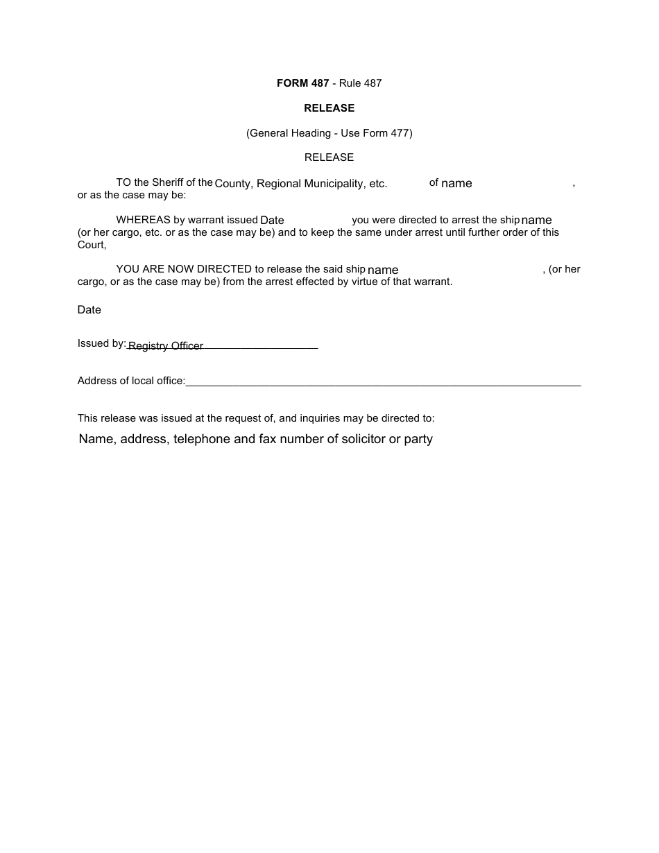 Form 487 - Fill Out, Sign Online and Download Fillable PDF, Canada ...