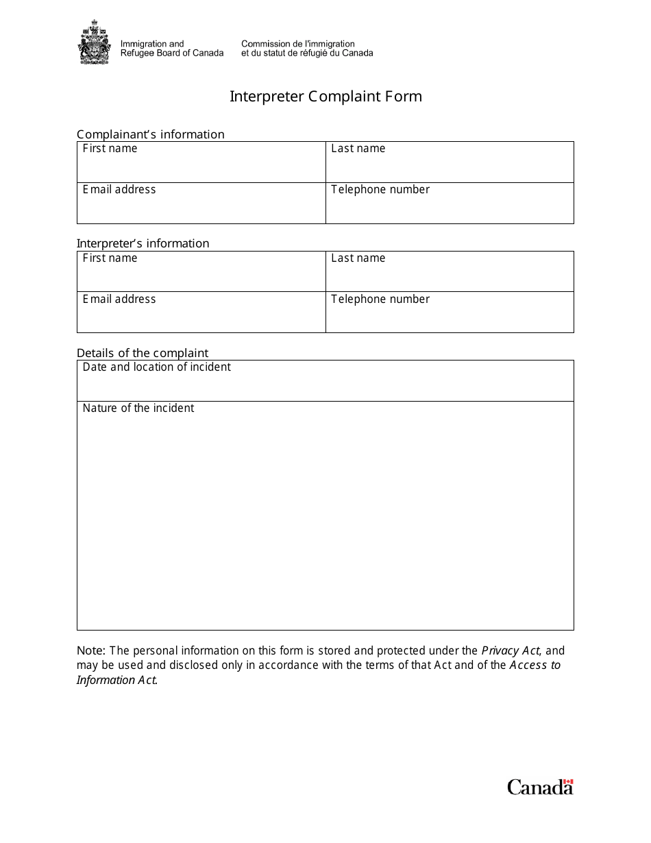 Canada Interpreter Complaint Form - Fill Out, Sign Online and Download ...
