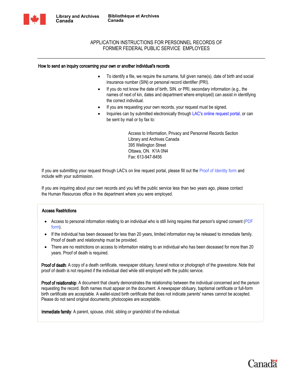 Canada Application for Personnel Records of Former Federal Public ...