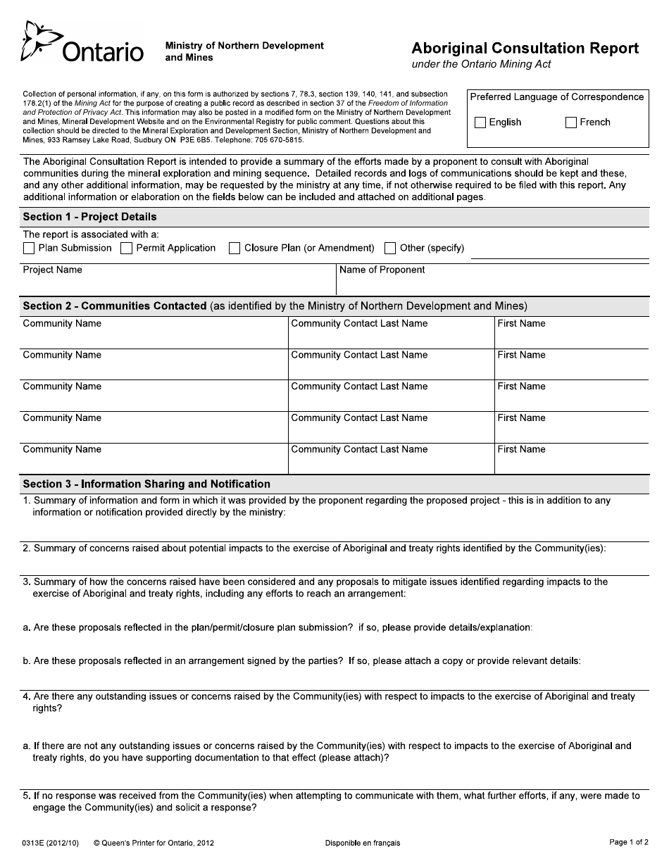 Form 0313E - Fill Out, Sign Online and Download Fillable PDF, Ontario ...
