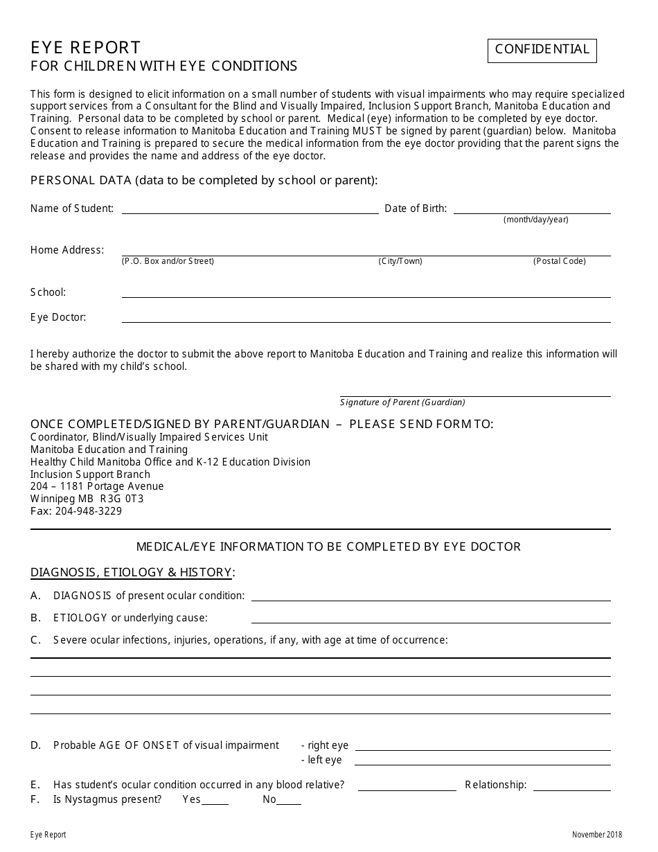 Manitoba Canada Eye Report for Children With Eye Conditions - Fill Out ...