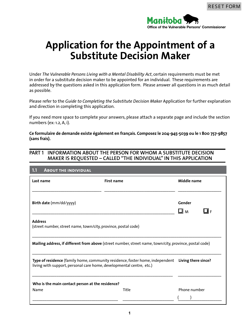 Manitoba Canada Application for the Appointment of a Substitute ...