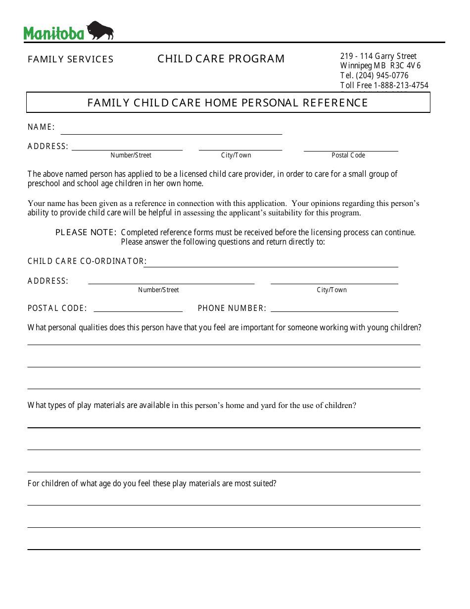 Manitoba Canada Family Child Care Home Personal Reference - Fill Out ...