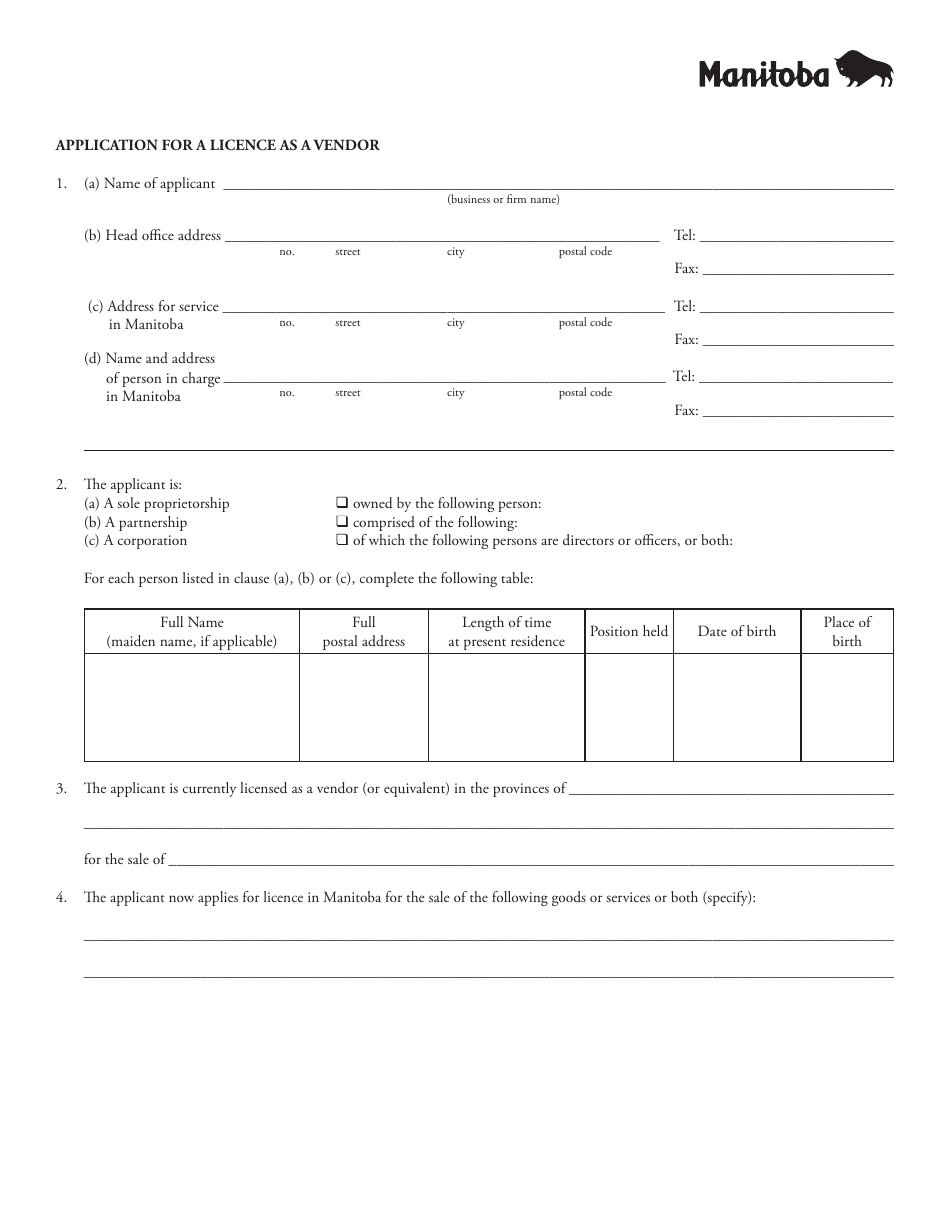 Manitoba Canada Application for a Licence as a Vendor - Fill Out, Sign ...