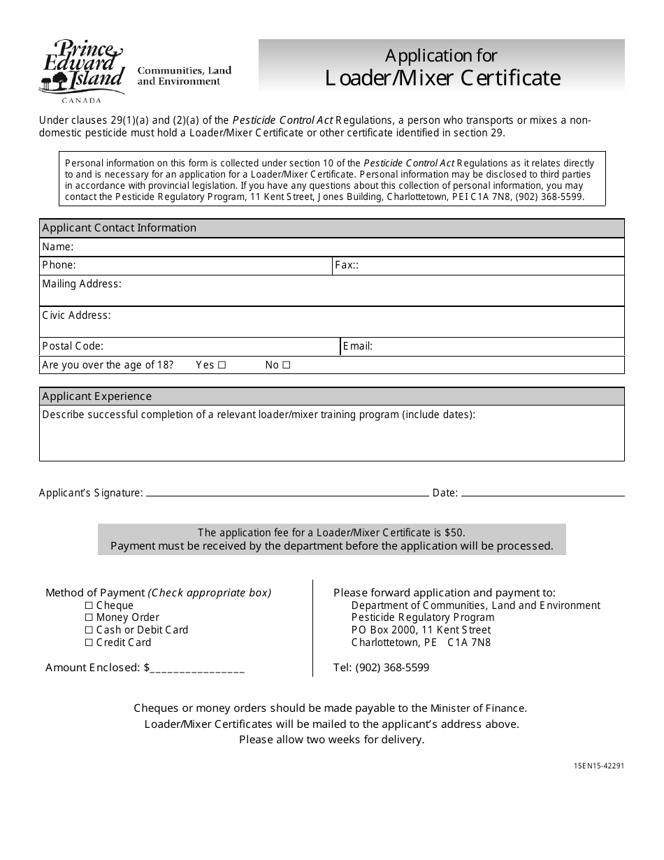 Prince Edward Island Canada Application for Loader/Mixer Certificate ...