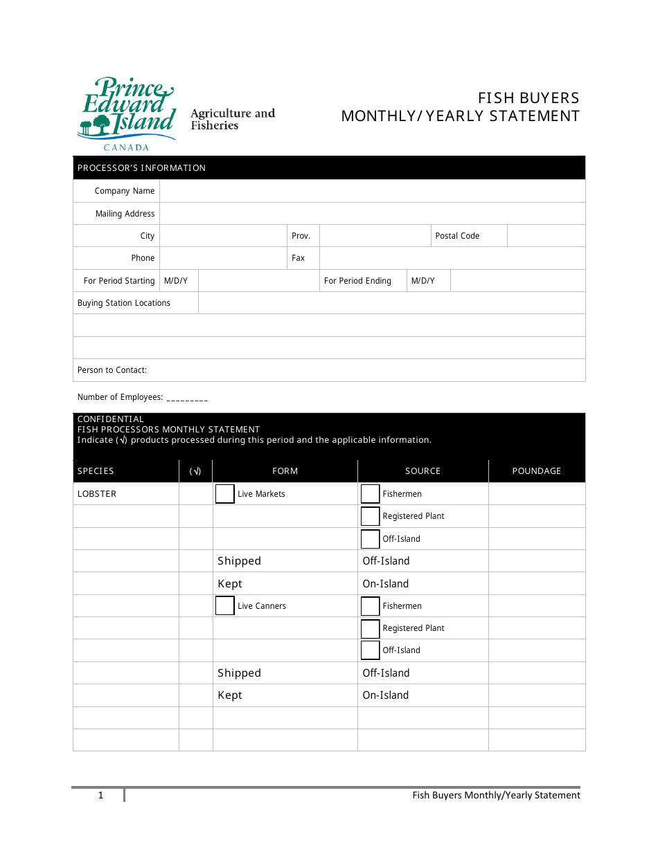 Prince Edward Island Canada Fish Buyers Monthly/Yearly Statement - Fill ...
