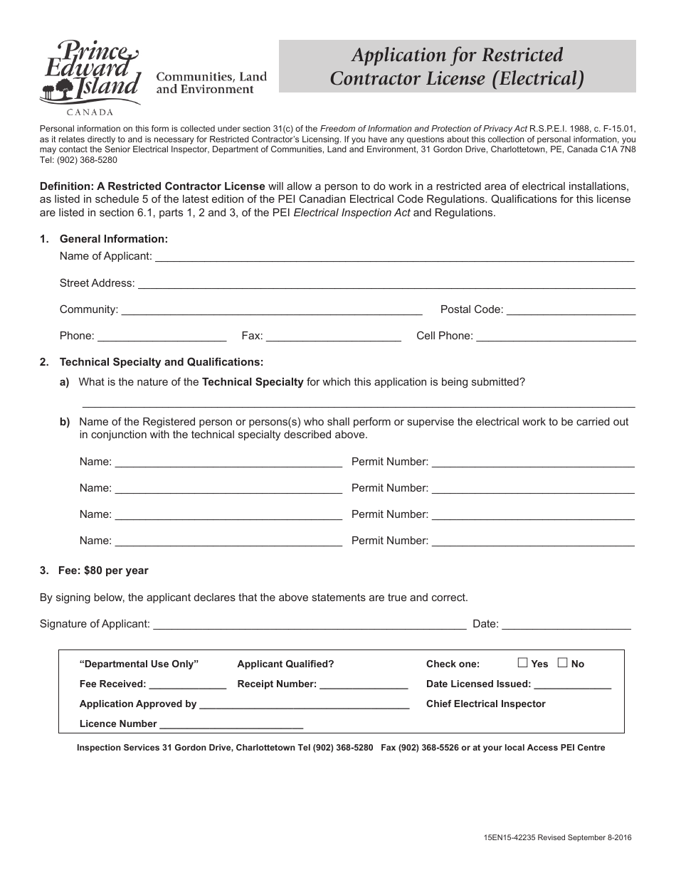Prince Edward Island Canada Application for Restricted Contractor ...