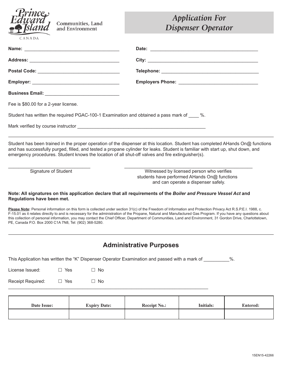 Prince Edward Island Canada Application for Dispenser Operator - Fill ...