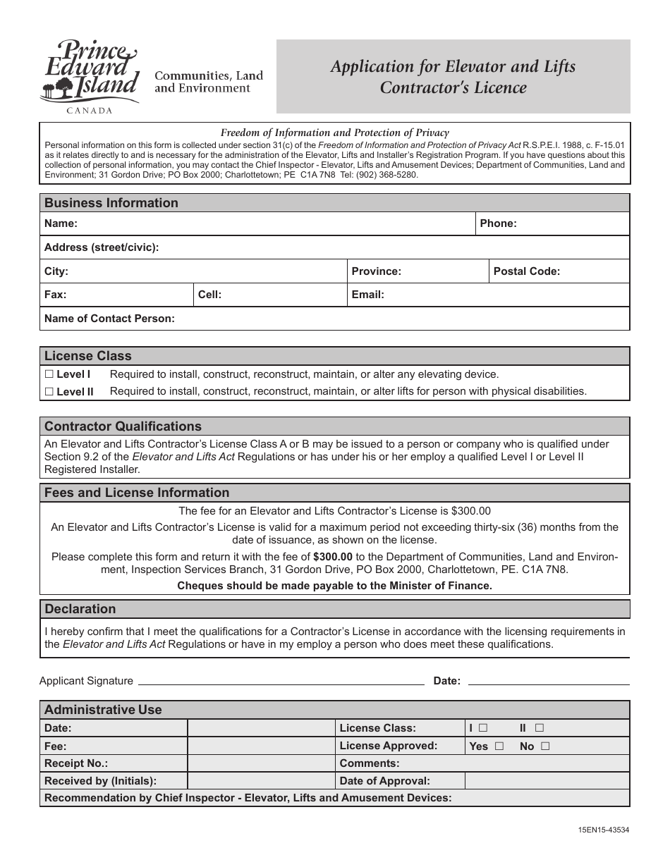 Prince Edward Island Canada Application for Elevator and Lifts ...