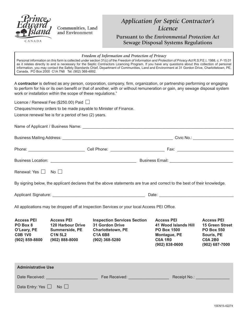 Prince Edward Island Canada Application for Septic Contractor's Licence ...
