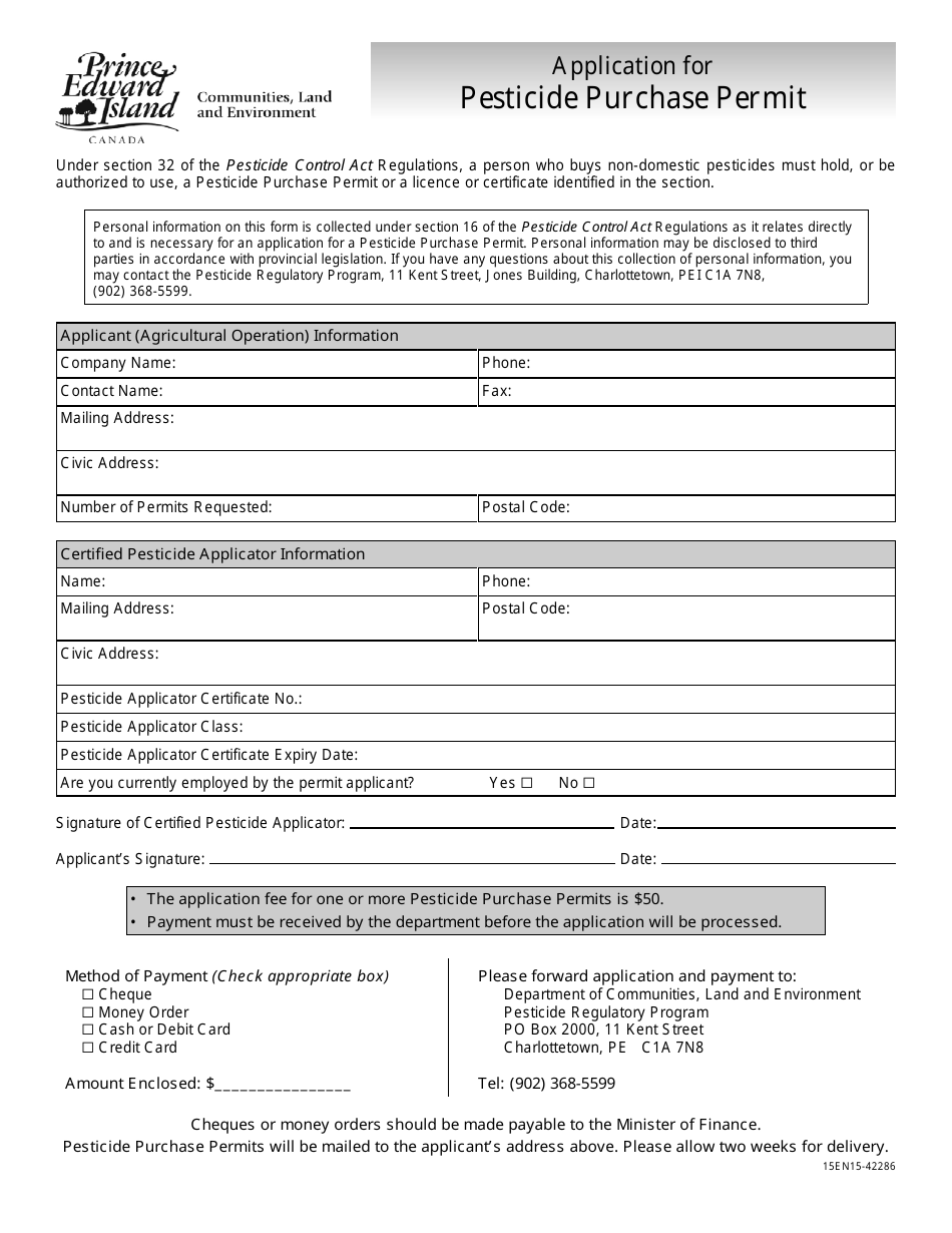 Prince Edward Island Canada Application for Pesticide Purchase Permit ...