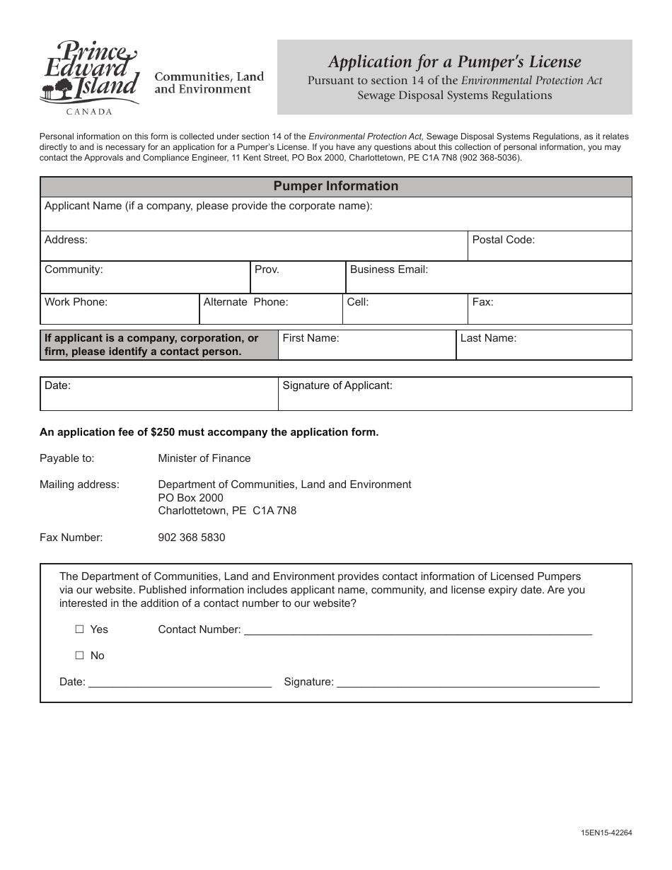 Prince Edward Island Canada Application for a Pumper's License - Fill ...