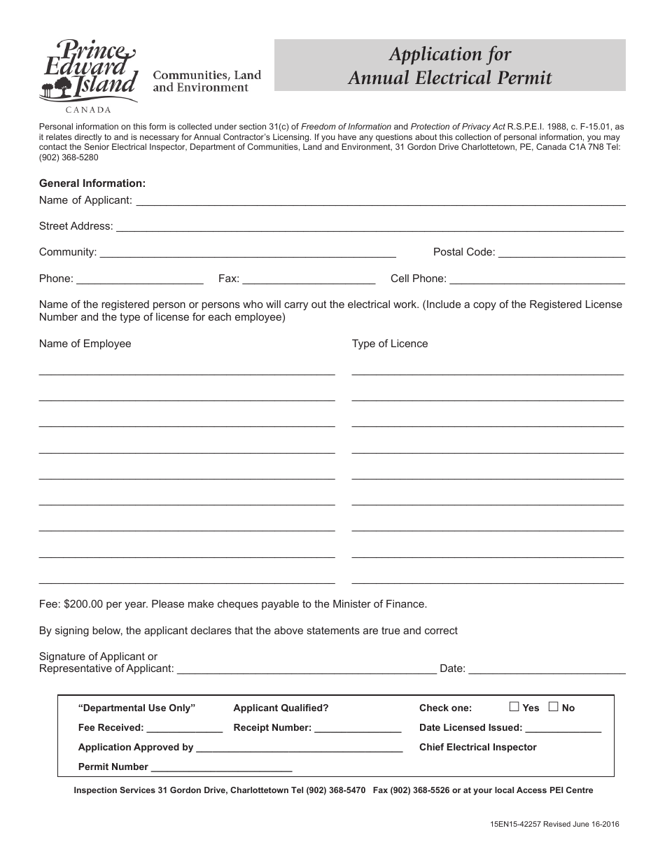 Prince Edward Island Canada Application for Annual Electrical Permit ...