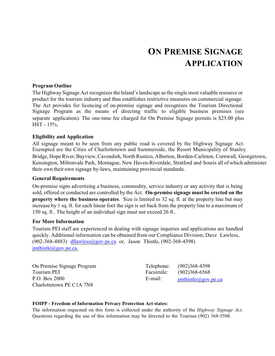 Prince Edward Island Canada On Premise Signage Application - Fill Out ...