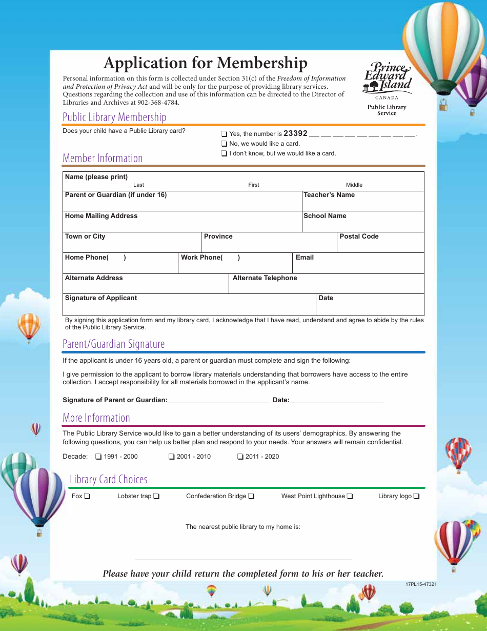 Prince Edward Island Canada Student Application for Library Membership ...
