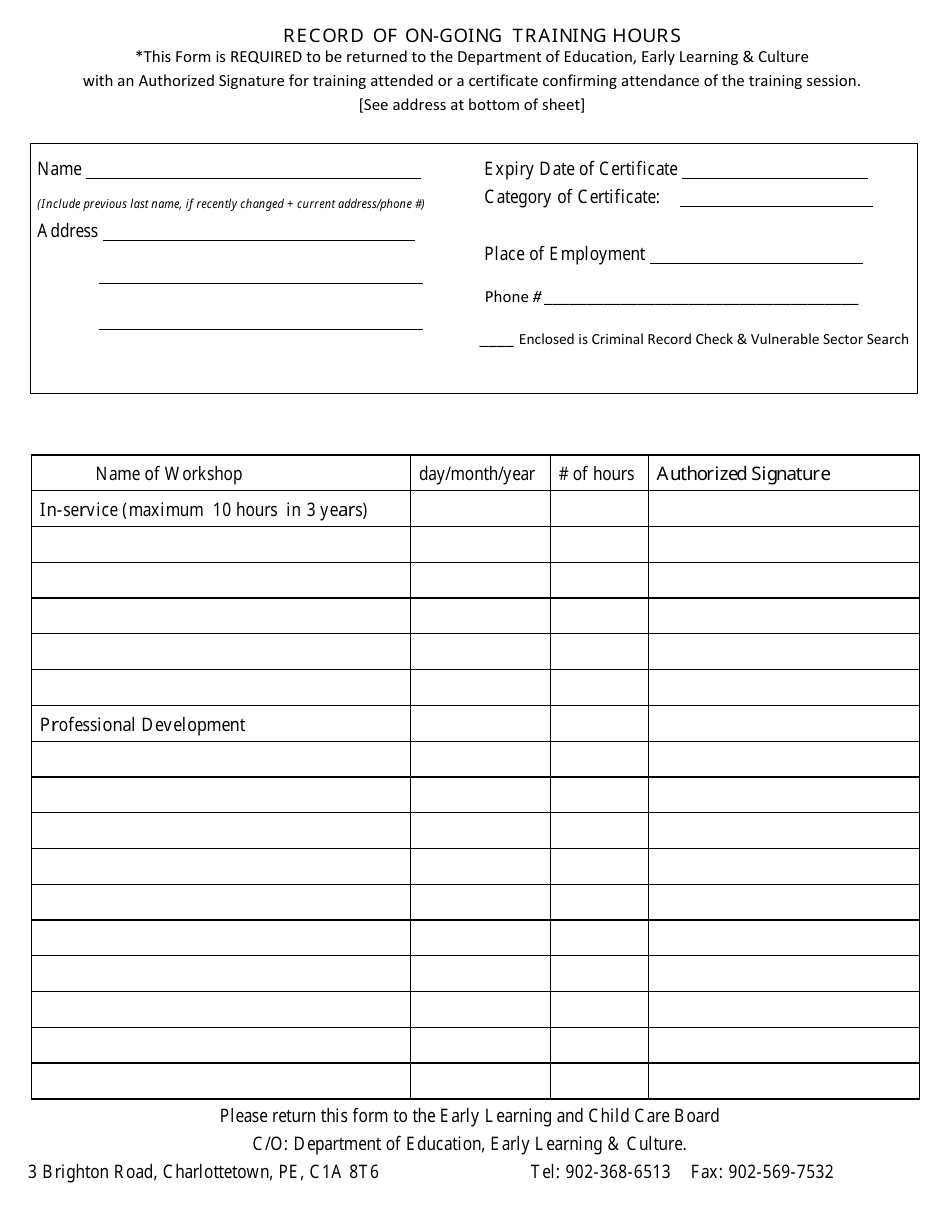 Prince Edward Island Canada Record of on-Going Training Hours - Fill ...