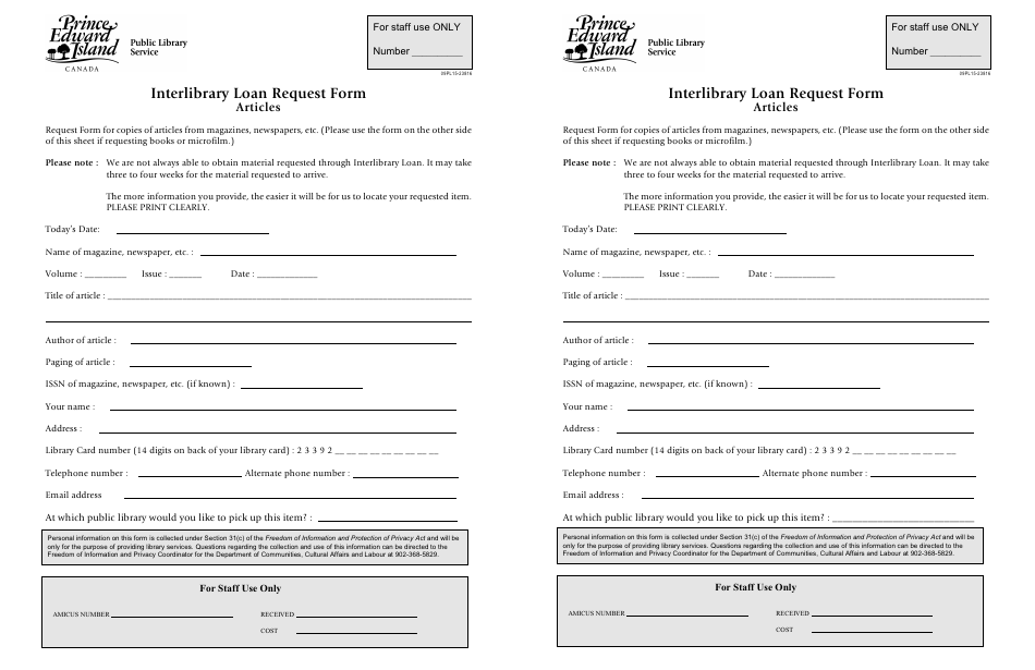 Prince Edward Island Canada Interlibrary Loan Request Form - Fill Out ...