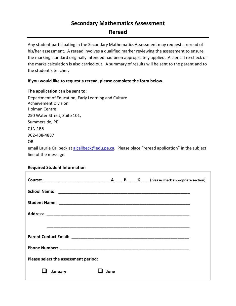 Prince Edward Island Canada Secondary Mathematics Assessment Reread ...