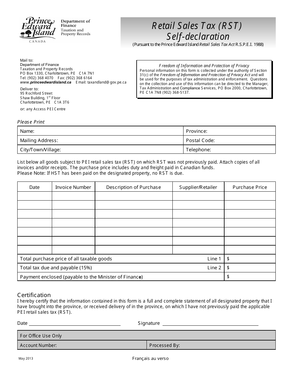 Prince Edward Island Canada Retail Sales Tax (Rst) Self-declaration ...