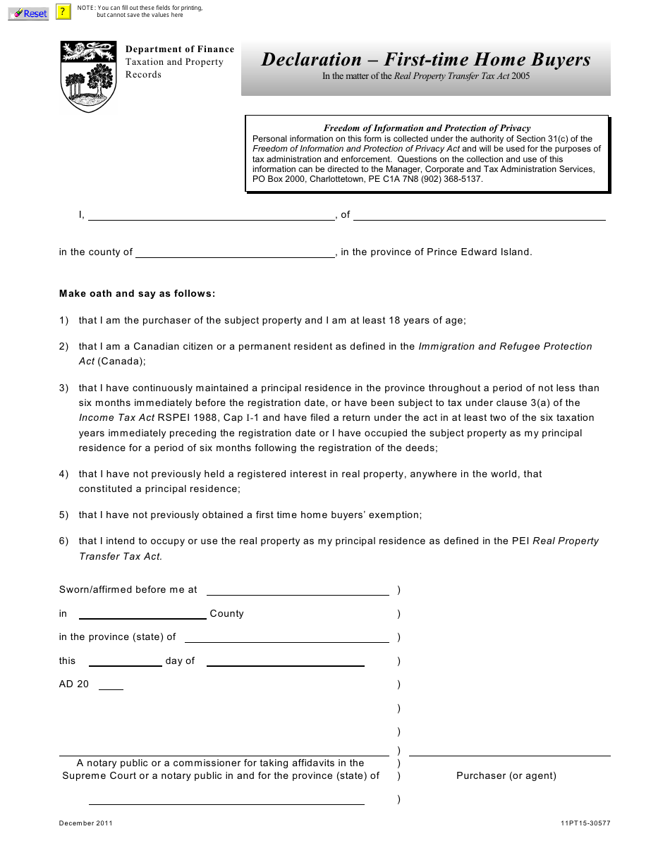 Prince Edward Island Canada Declaration " First-Time Home Buyers - Fill ...